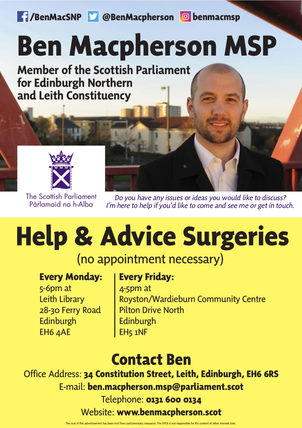 Ben Macpherson MSP Help and Surgery Advice Poster | Ben Macpherson